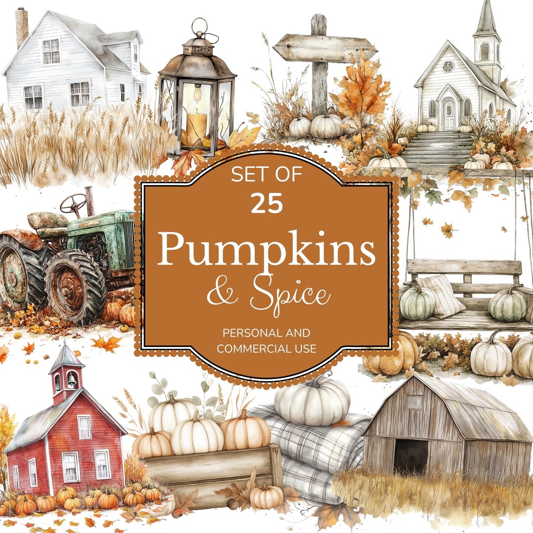 Pumpkin Spice Clipart Bundle | Fall Farmhouse Watercolor Art | Autumn ...