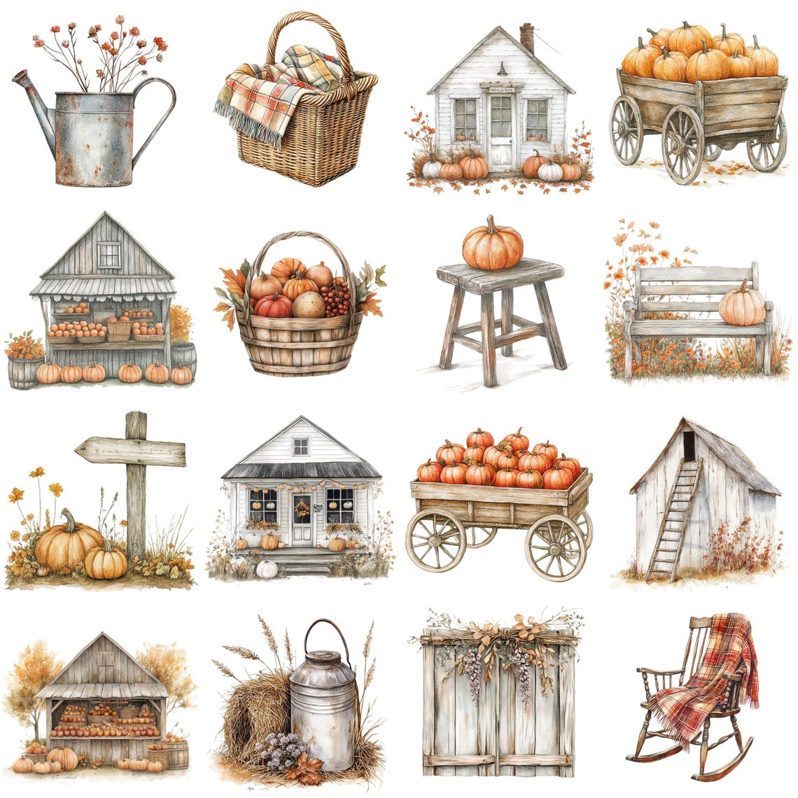 Rustic Fall Clipart Bundle | 25 Cozy Autumn Farmhouse Illustrations ...