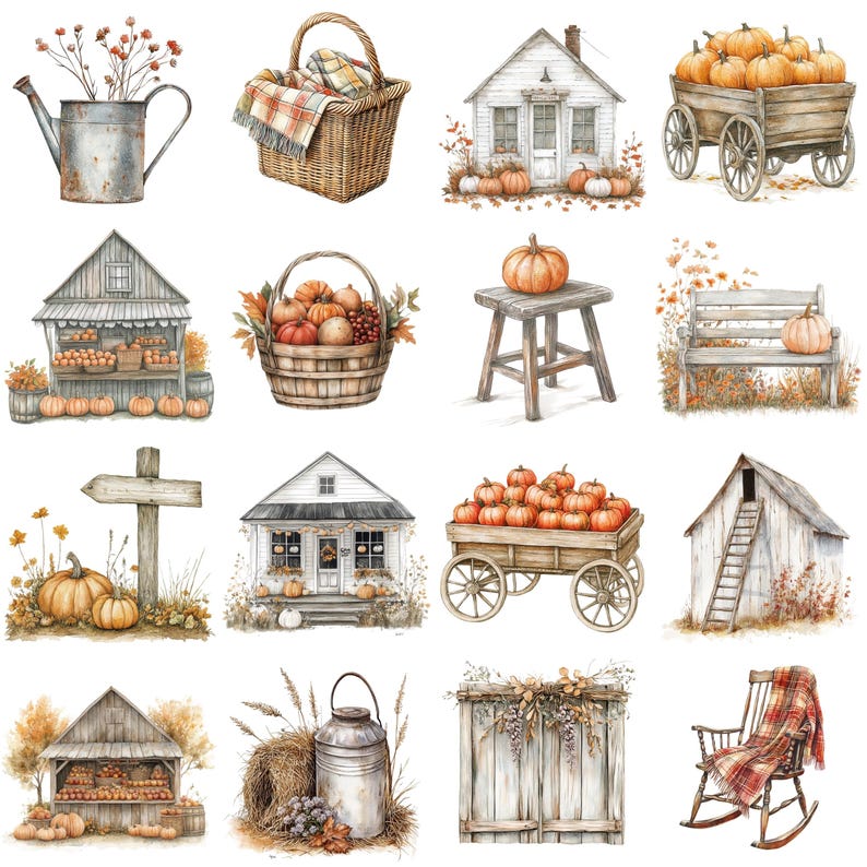 Rustic Fall Clipart Bundle | 25 Cozy Autumn Farmhouse Illustrations ...