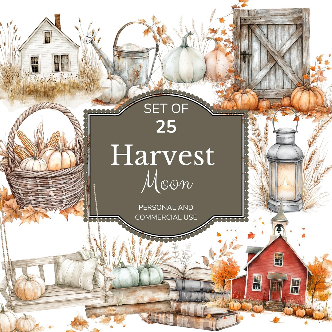 Harvest Moon Fall Clipart Set | Watercolor Autumn Graphics | Rustic ...