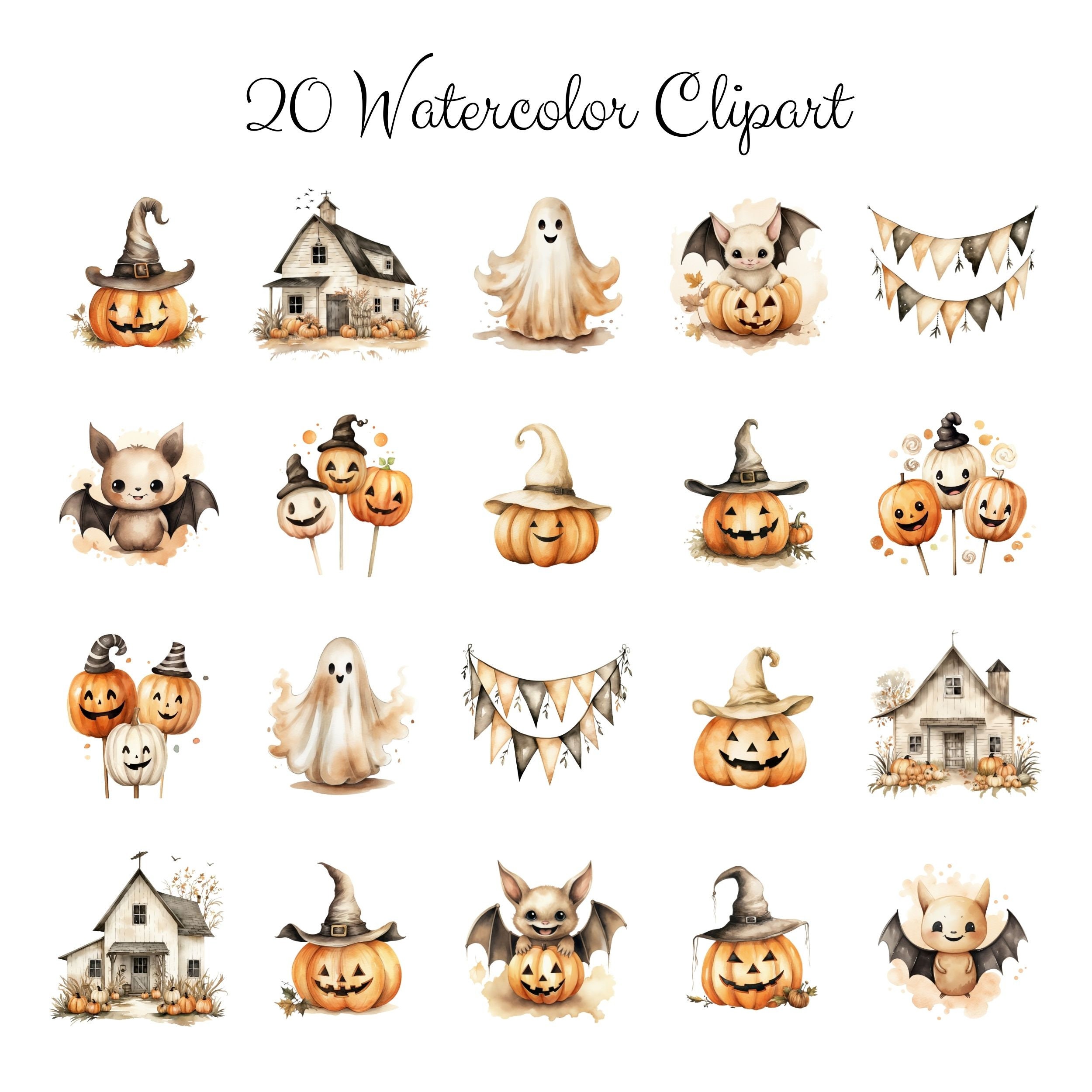 Watercolor Halloween Clipart: Ghost, Pumpkin, Candy Art (PNG Digital ...