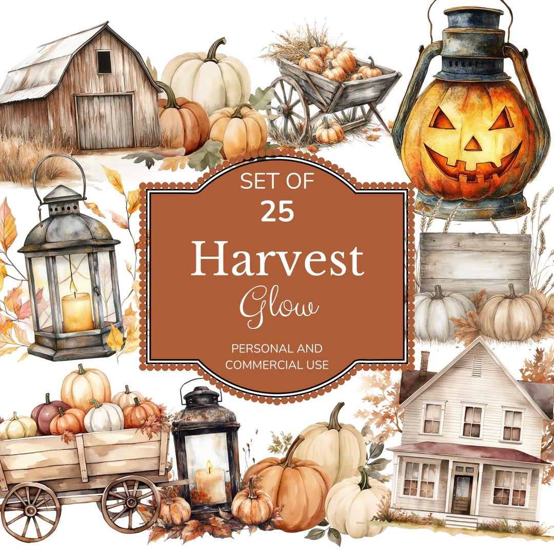 Fall Clipart | Autumn Watercolor Pumpkins, Lanterns, & Farmhouse Decor ...