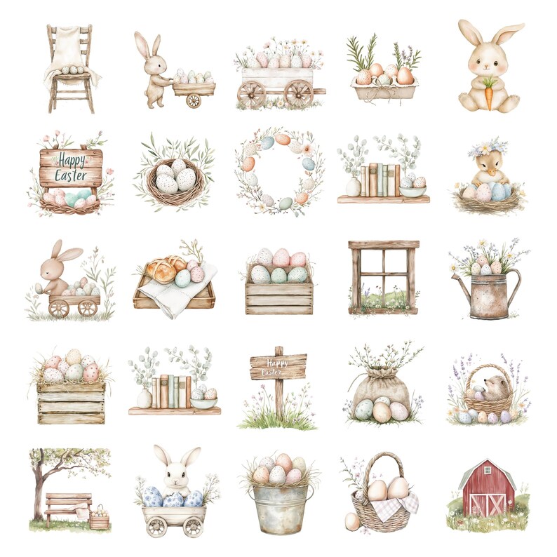 Watercolor Easter Clipart Bundle: Rustic Bunny & Egg Pngs (digital ...