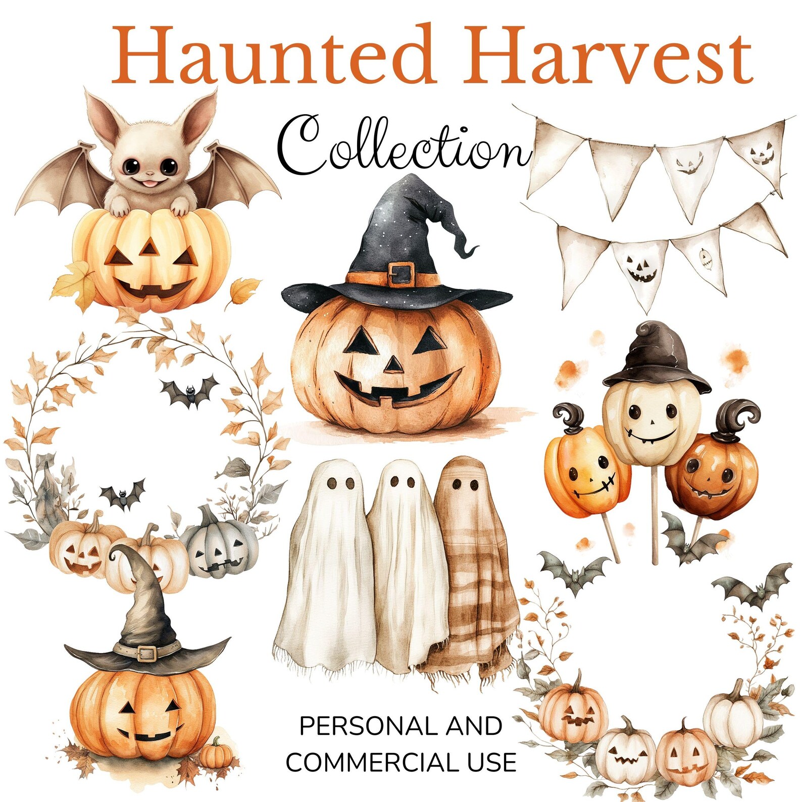Halloween Clipart Set Haunted Harvest Graphics Cute Pumpkins, Ghosts ...