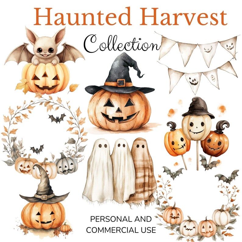 Halloween Clipart Set Haunted Harvest Graphics Cute Pumpkins, Ghosts ...