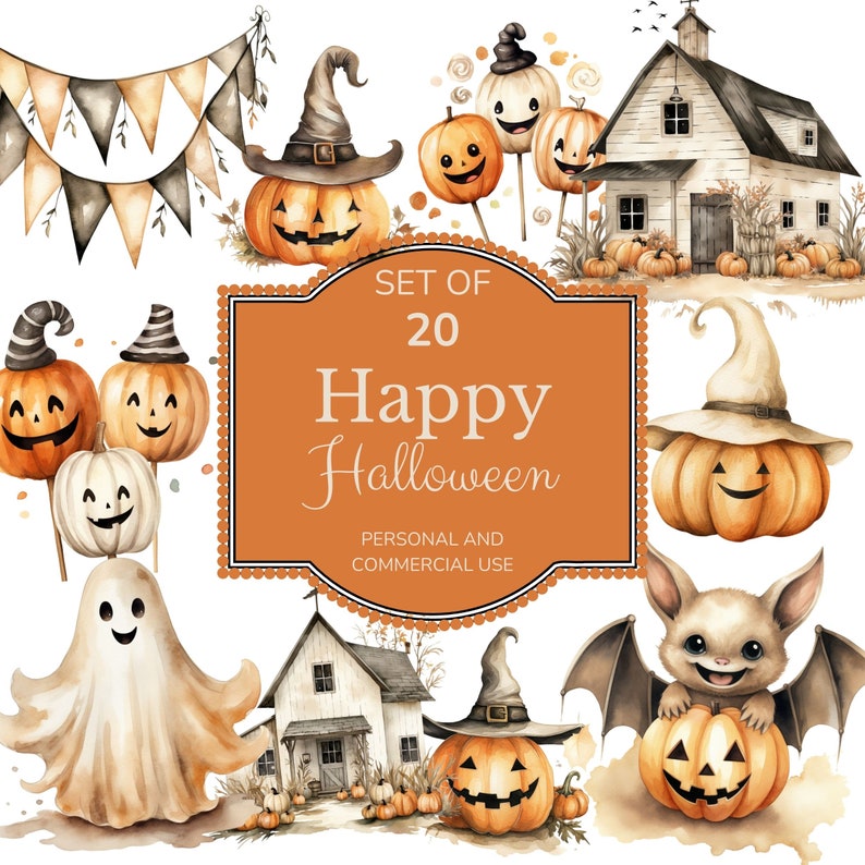 Watercolor Halloween Clipart: Ghost, Pumpkin, Candy Art (PNG Digital ...