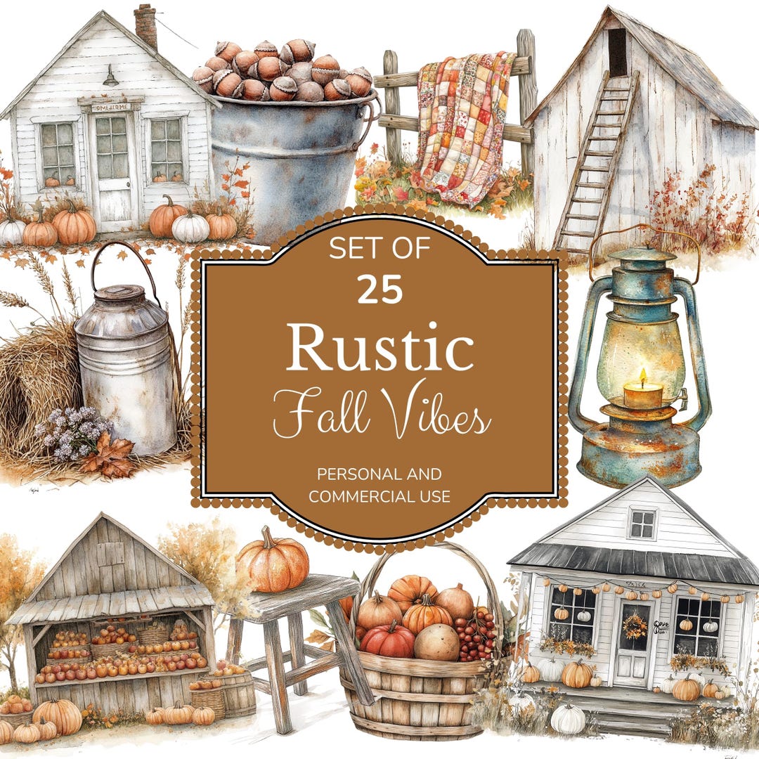 Rustic Fall Clipart Bundle | 25 Cozy Autumn Farmhouse Illustrations ...