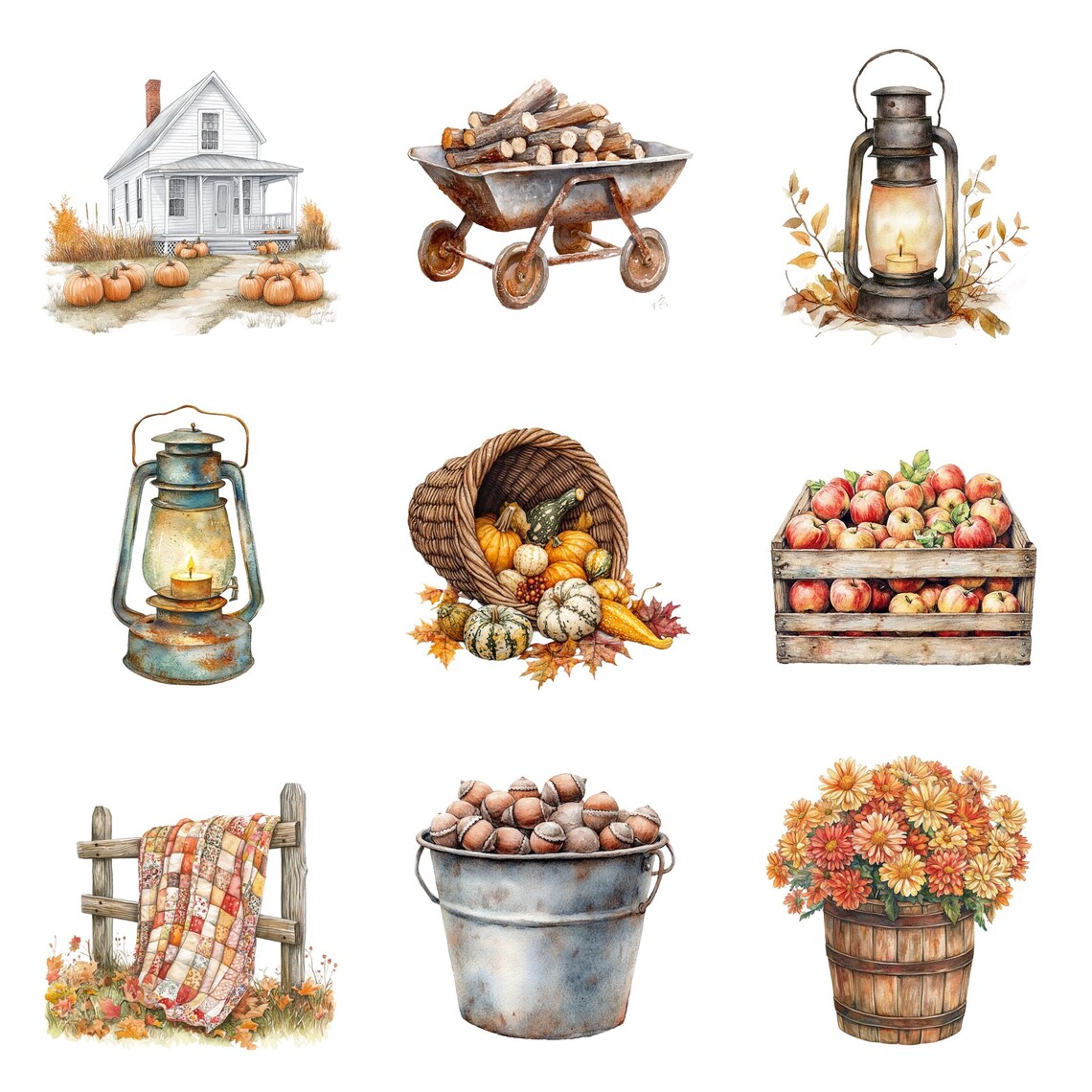 Rustic Fall Clipart Bundle | 25 Cozy Autumn Farmhouse Illustrations ...