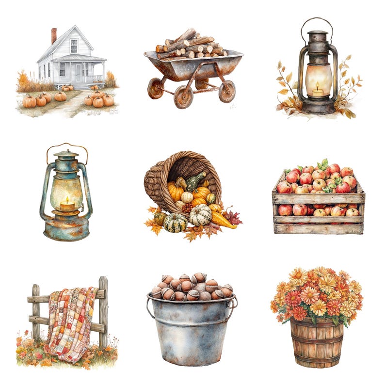 Rustic Fall Clipart Bundle | 25 Cozy Autumn Farmhouse Illustrations ...