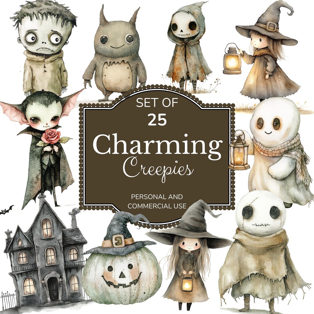 Charming Halloween Clipart Set | 25 Spooky Cute Characters | Instant ...