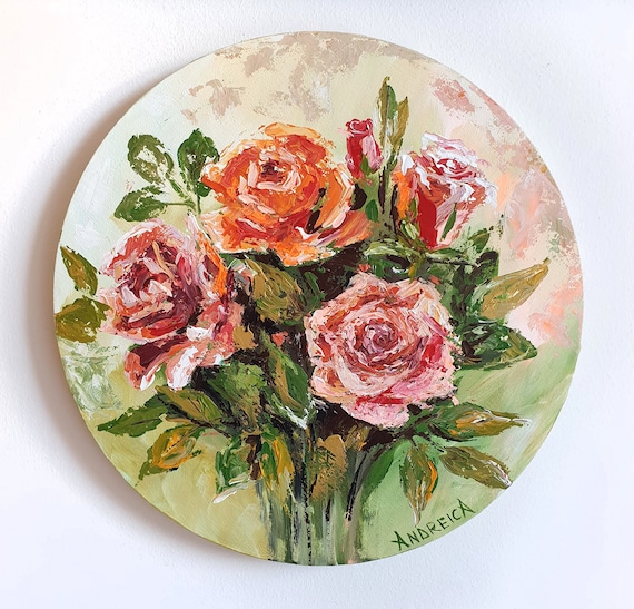 Round canvas with roses. Roses painting. Round painting | Etsy
