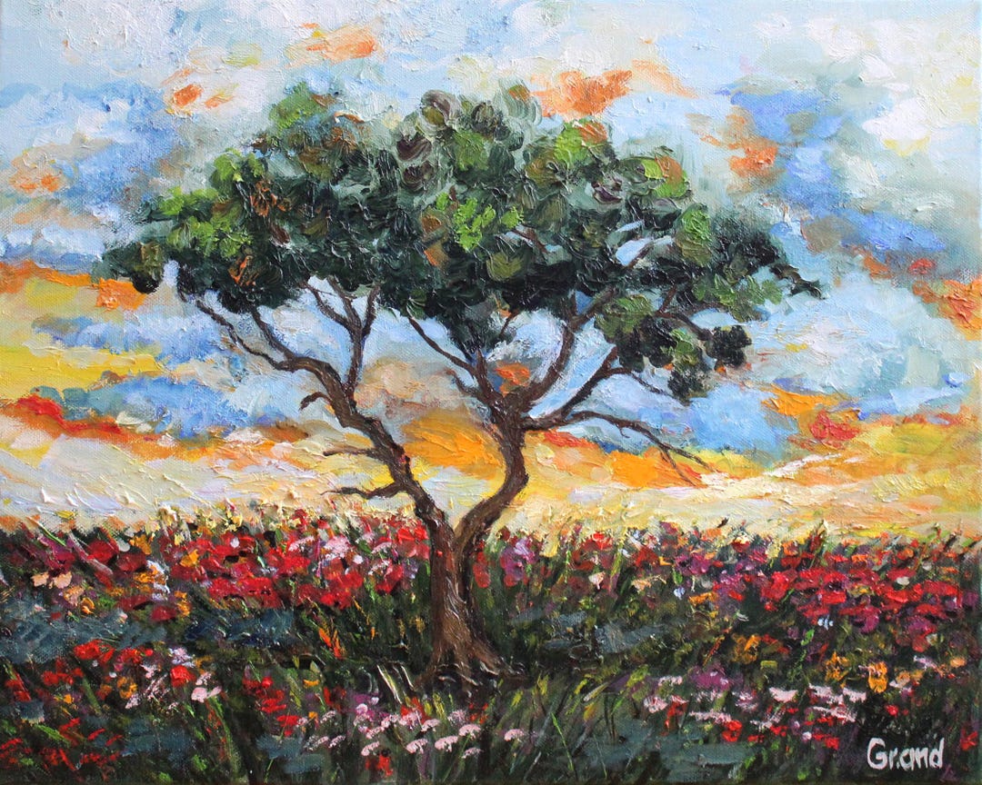 Framed Tree and Wildflower Field - Original Oil Painting (40x50 Cm) - Etsy