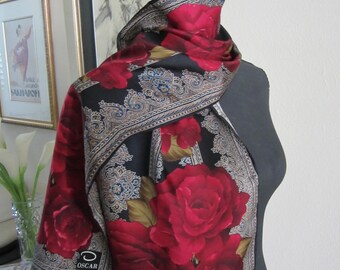 Rose Society Scarf, Red Roses Scarf, Silk Scarf With Roses, Vintage ...