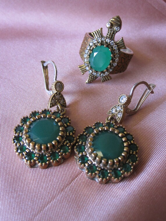 Sterling EMERALD RHINESTONE TURTLE & Earrings Set - Gem