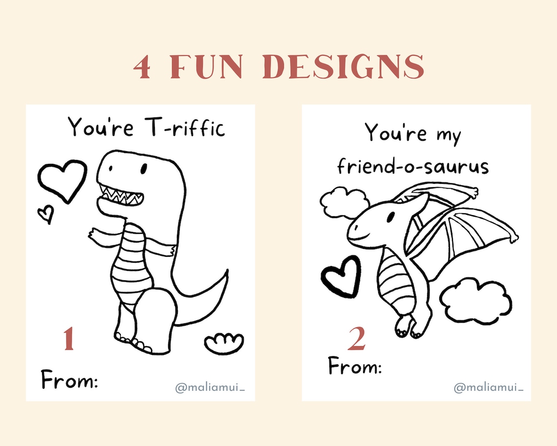 Printable Dinosaur Coloring Valentines for Kids | INSTANT DOWNLOAD ...