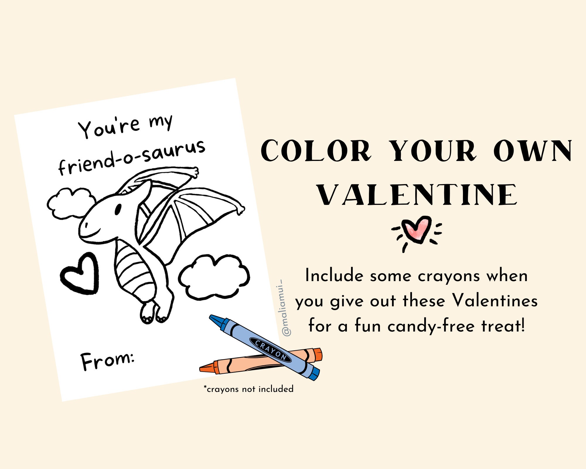Printable Dinosaur Coloring Valentines for Kids | INSTANT DOWNLOAD ...