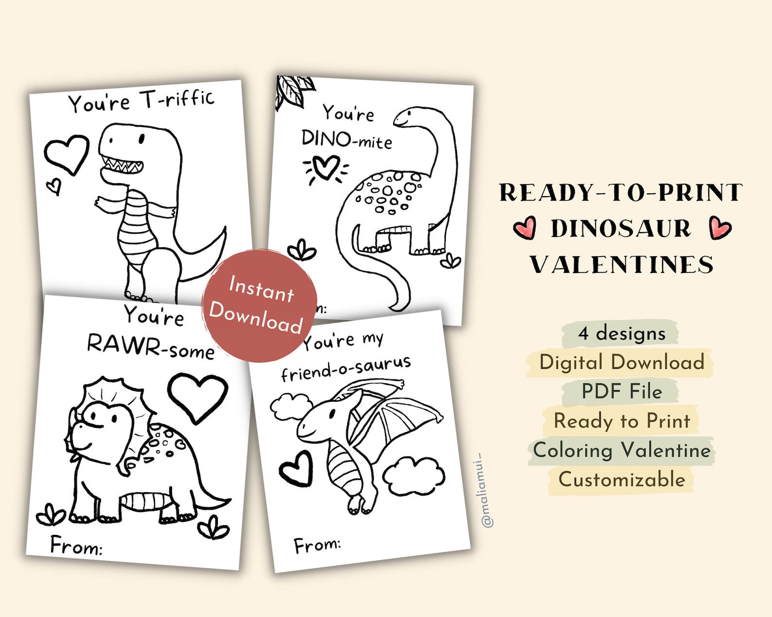Printable Dinosaur Coloring Valentines for Kids | INSTANT DOWNLOAD ...