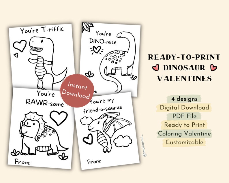 Printable Dinosaur Coloring Valentines for Kids INSTANT DOWNLOAD - Etsy