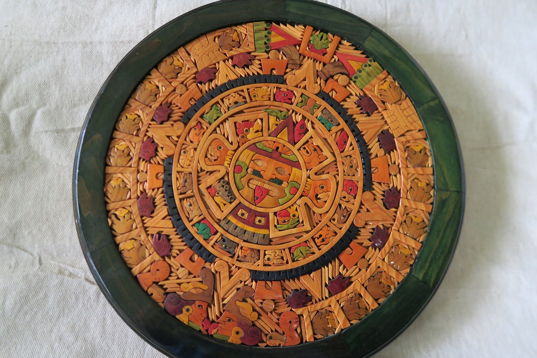 Mexico Folk Art Artisan Aztec Calendar - Wood Carved - Hand Painted ...