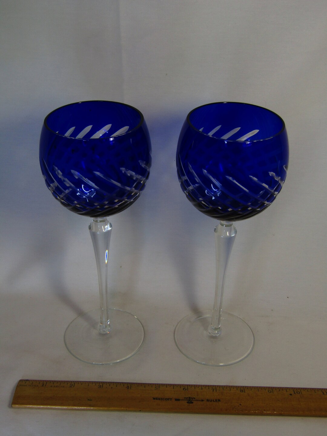 Vintage Set of 2 Handmade Tall Stemware - Cobalt Cut Crystal Wine ...