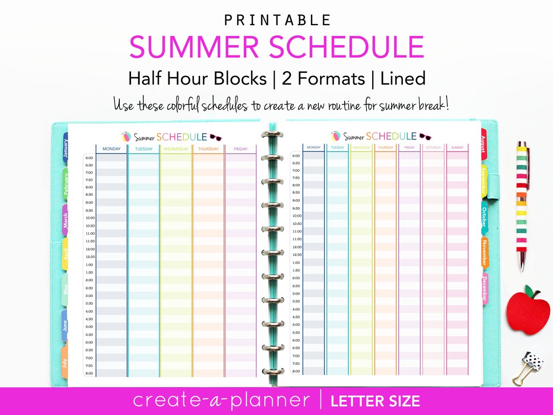 Summer Schedule Hourly // Printable Planner Insert - PDF Download ...