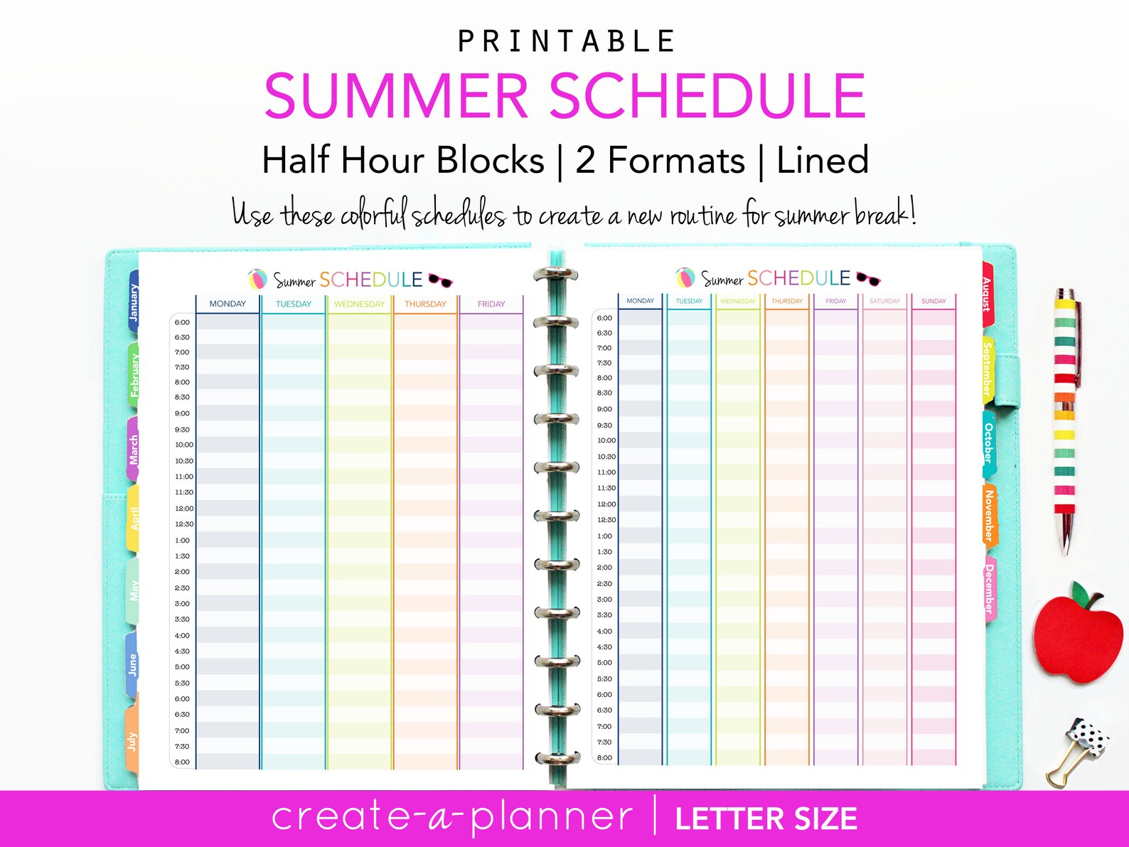 Summer Schedule Hourly // Printable Planner Insert PDF - Etsy