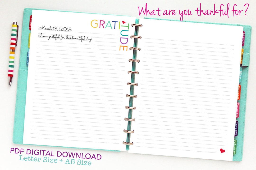 Gratitude Journal Page, Printable Inserts, Planner Pages, Lined Journal ...