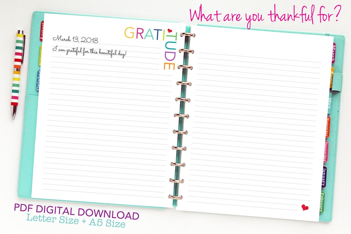Gratitude Journal Page, Printable Inserts, Planner Pages, Lined Journal ...