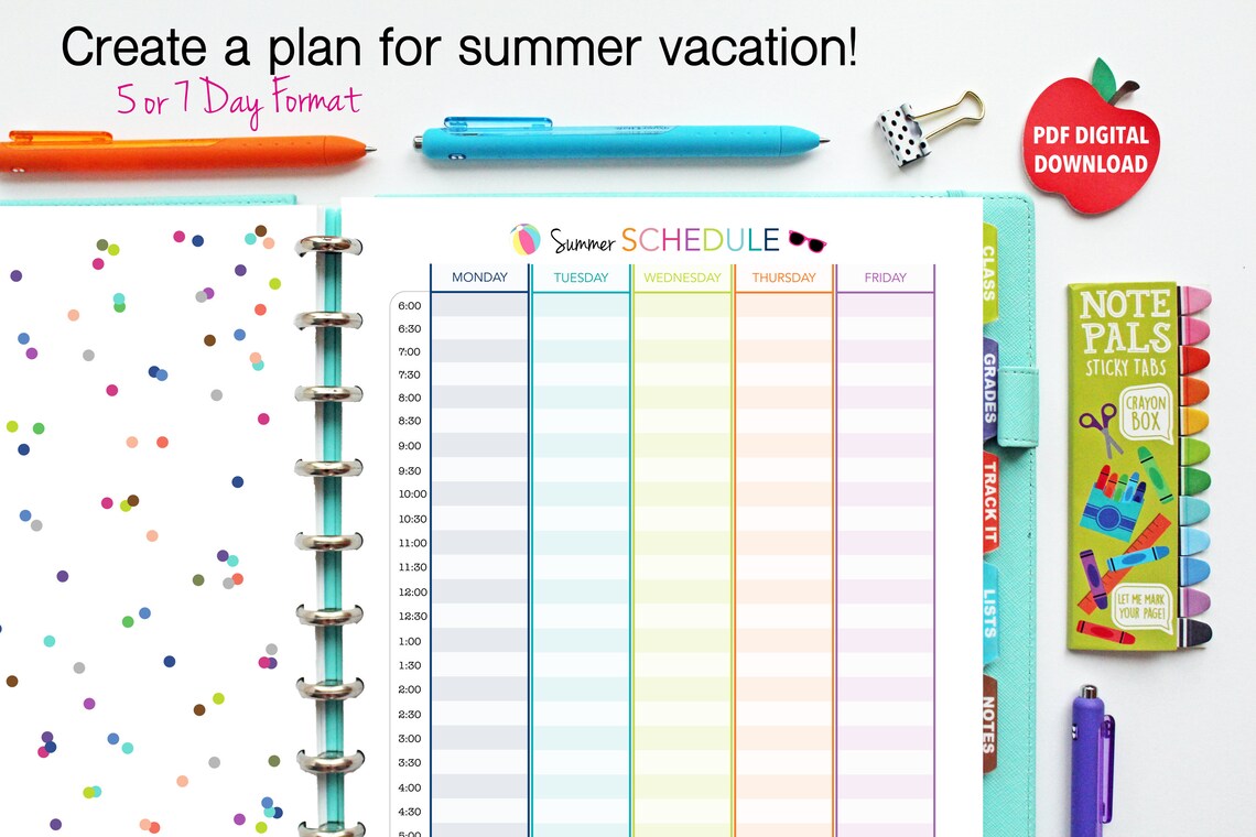 Summer Schedule Hourly // Printable Planner Insert PDF - Etsy