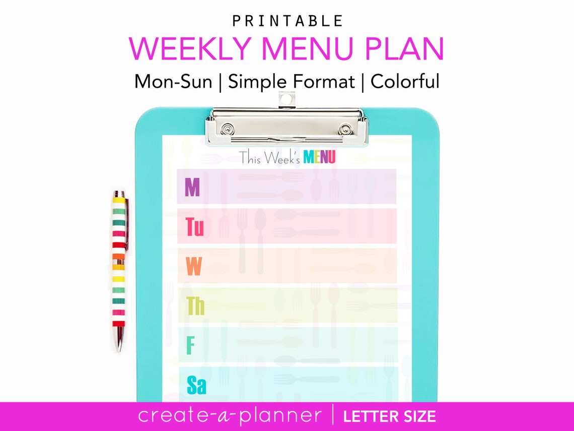 Weekly Menu Planner, Printable - Meal Planning, Letter Size - INSTANT ...