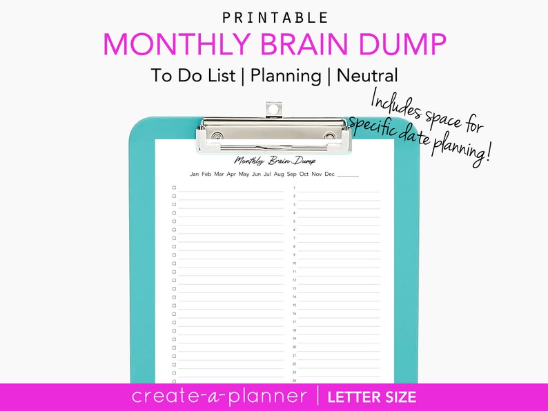 Monthly Brain Dump to Do List, Printable Planner Insert, Letter Size ...
