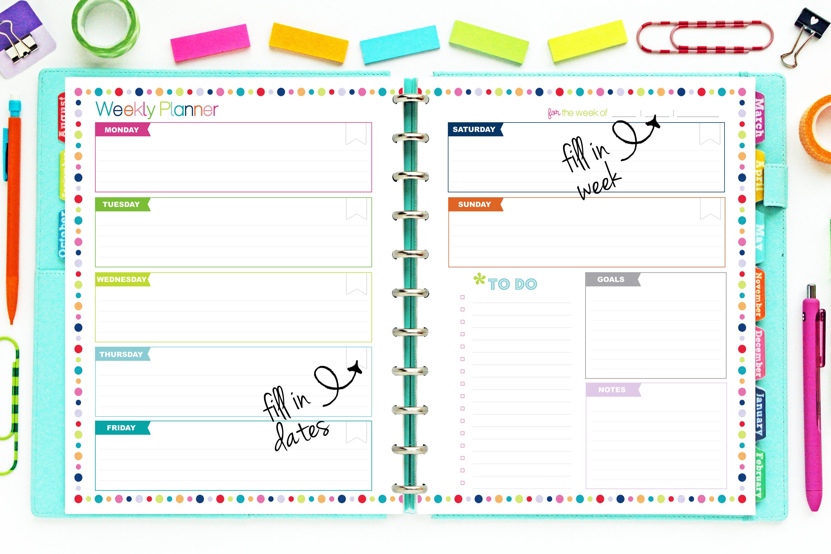 UNDATED Weekly Planner Printable Confetti Dot INSTANT - Etsy