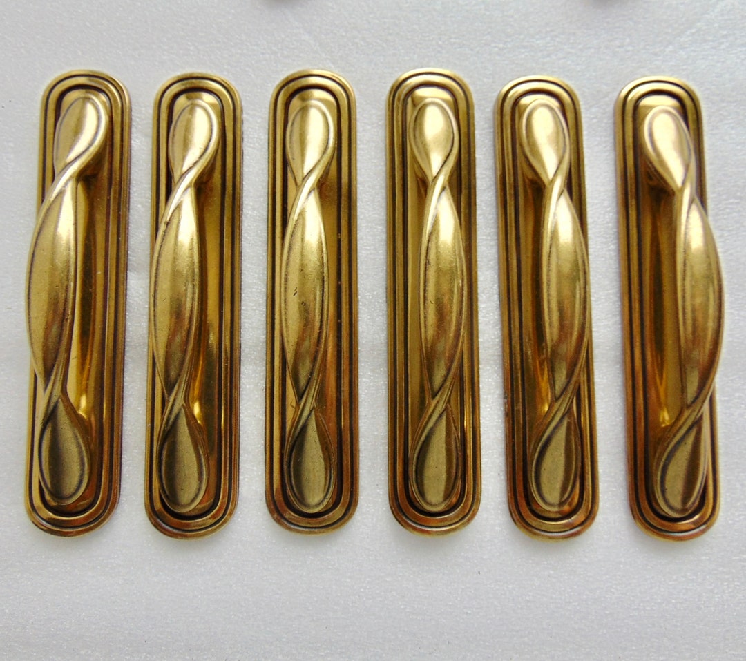 Vintage Antique Brass Pull & Back Plate 6 Cabinet Desk Pulls Handles ...