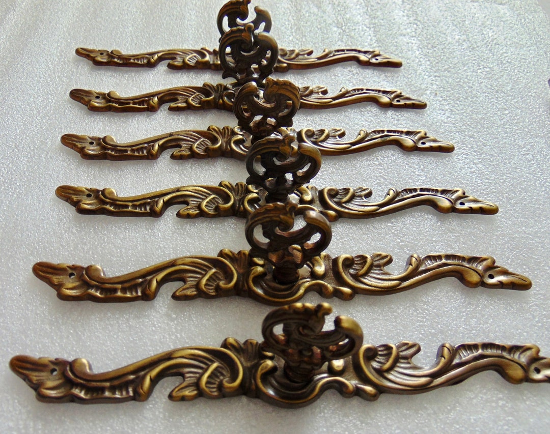 Antique Brass Finger Pull & Back Plate 6 Dresser Cabinet Drawer Ring ...