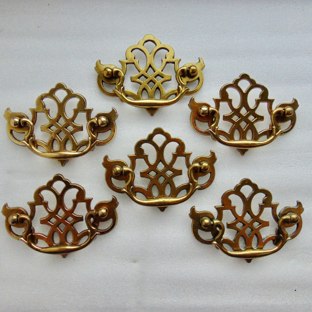 6 Traditional Drop Pulls, 3 in Centers, Vintage Antique Brass Hardware ...