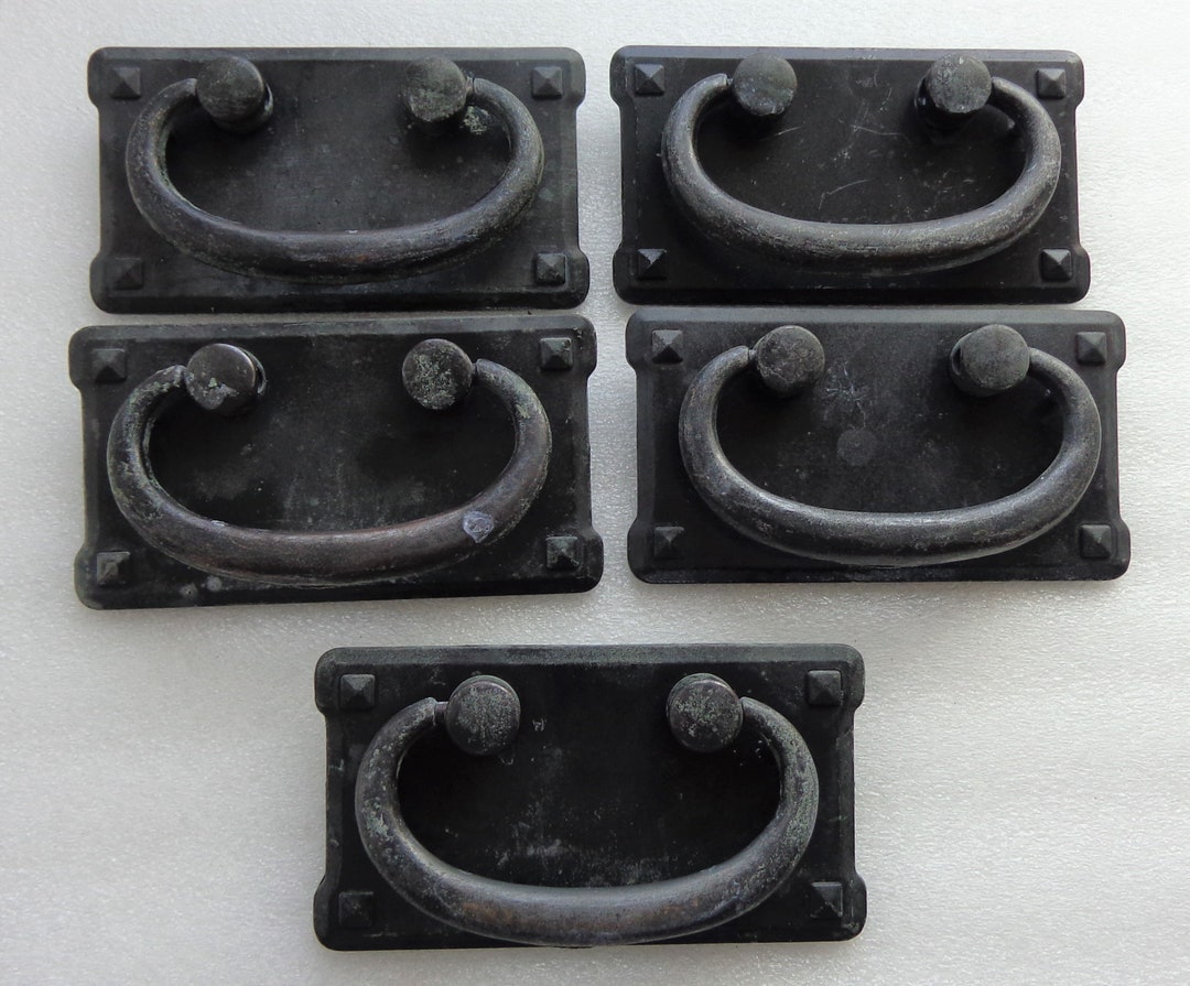 Black Colonial Drop Pulls Handles Plates 1.5 in Centers Worn Finish 5 ...