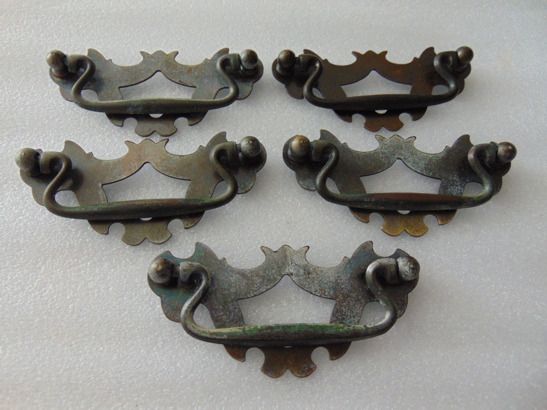 5 Small Drop Pulls, 3 in Center, Antique Brass Worn Finish, Vintage ...
