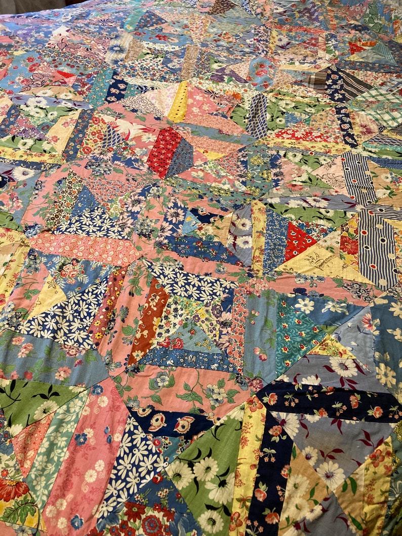 Mid Century Pieced Quilt Top All Hand Sewn Patchwork Queen/ King Quilt ...