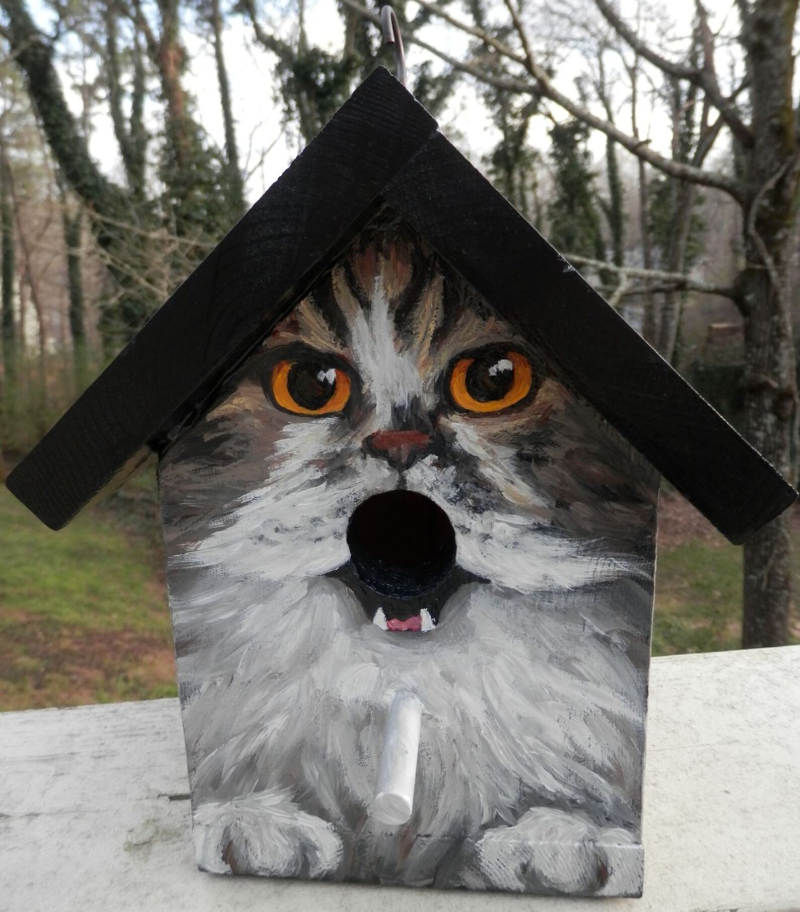 Bird House Hand Painted Custom Grey Cat Design Wood Outdoor | Etsy