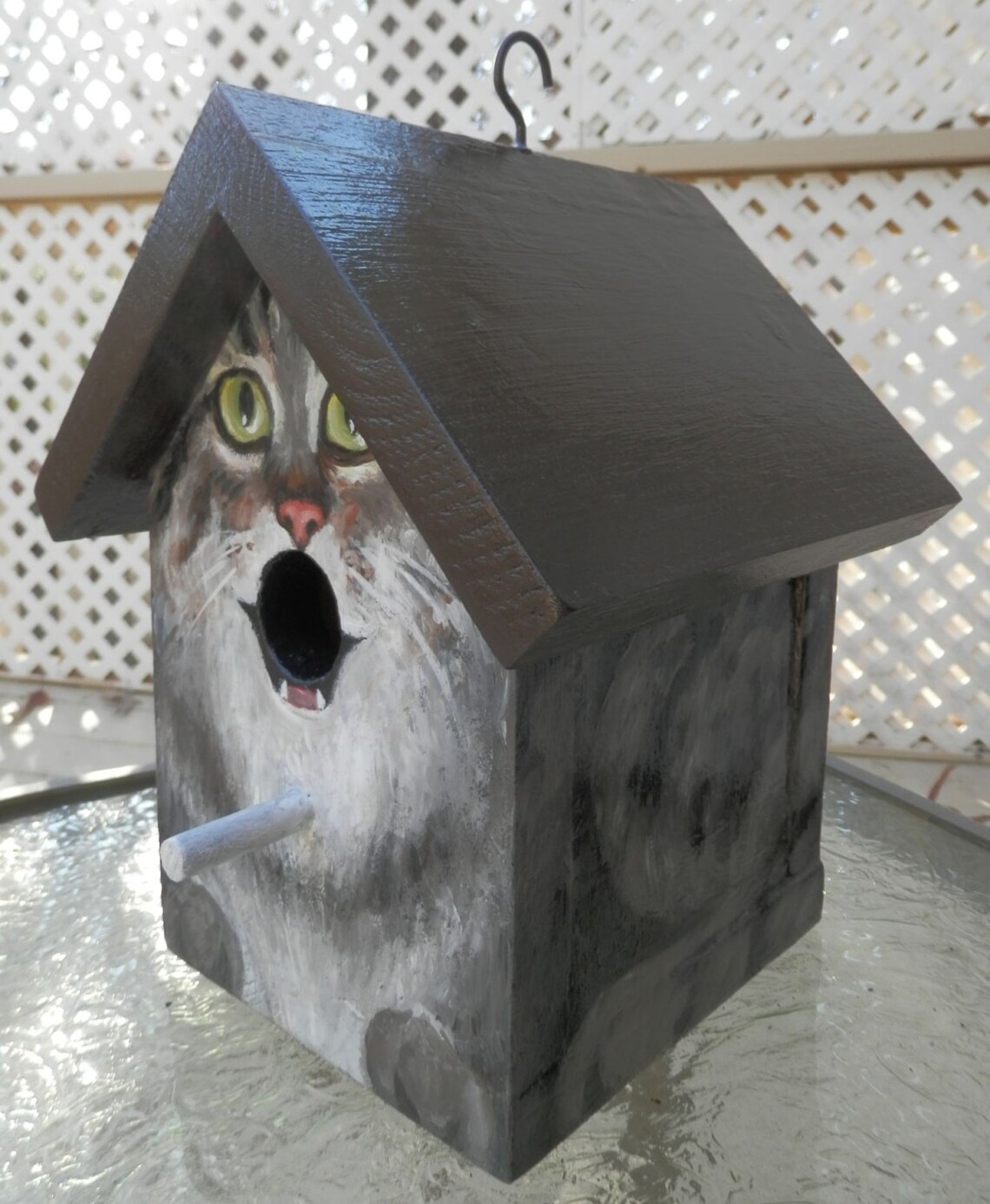 Bird House Hand Painted Custom Grey Cat Design Wood Outdoor | Etsy