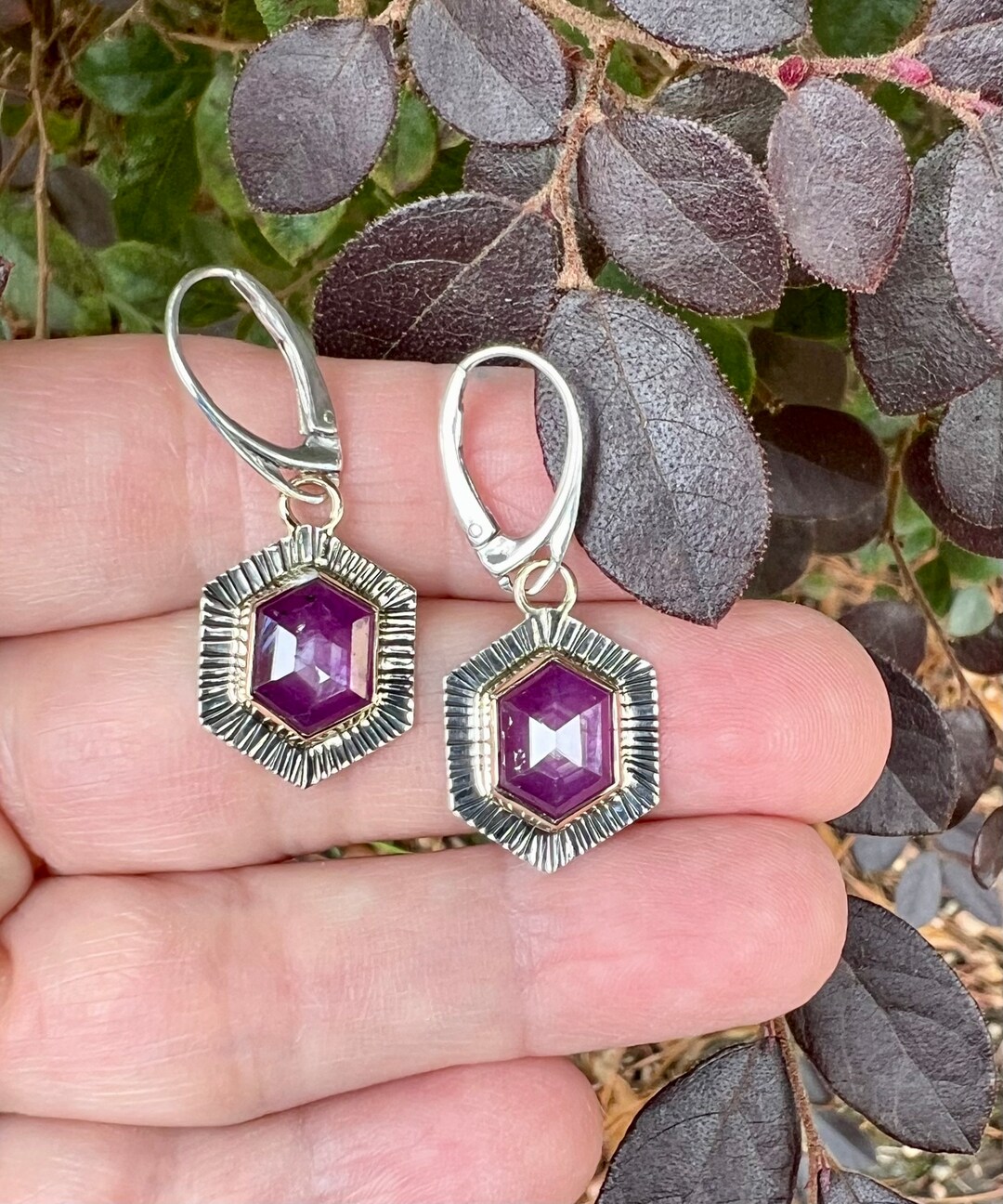 Raspberry Sapphires Set in 14k Gold Bezels With Textured Sterling ...