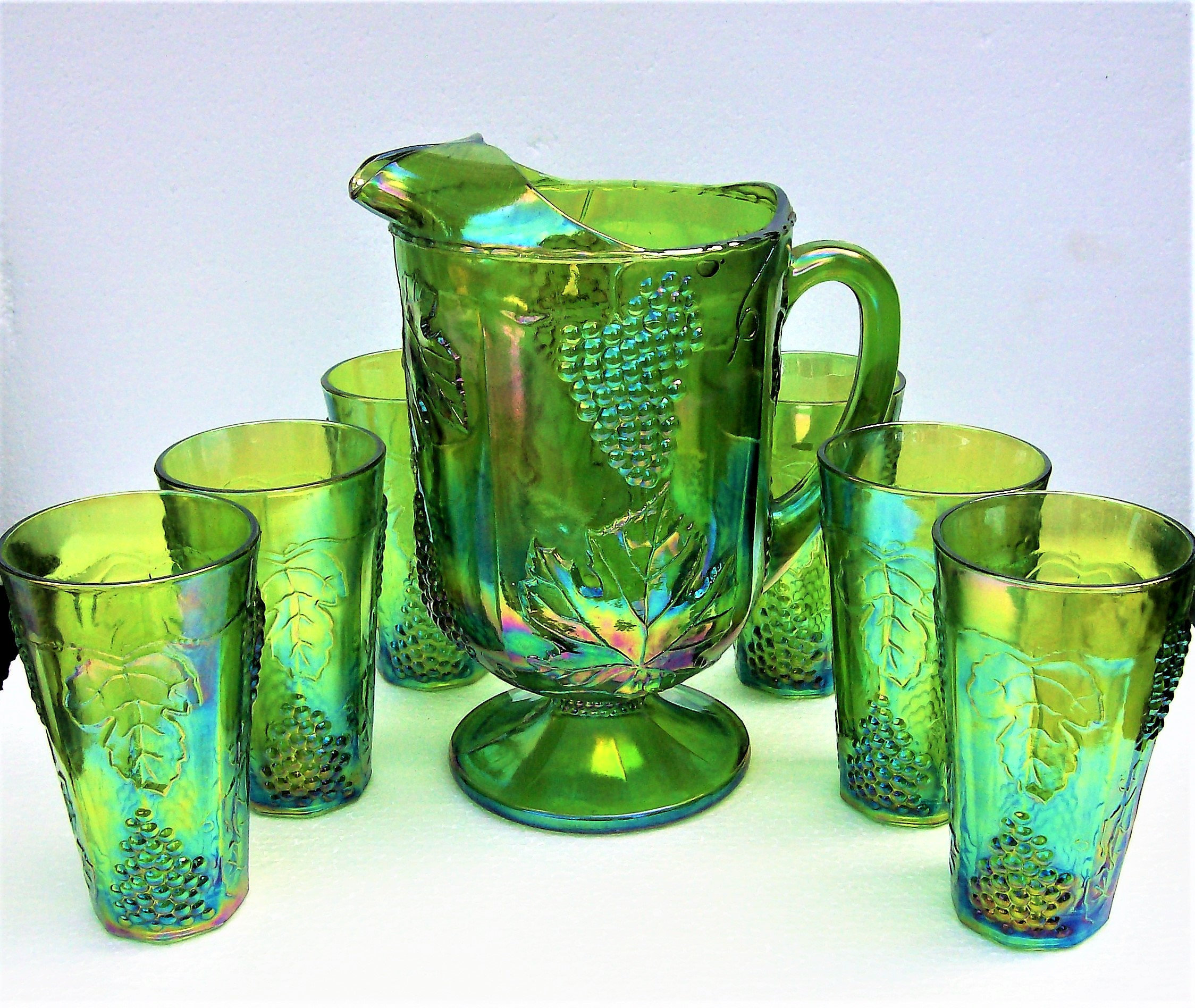 Indiana Glass 7 Piece Lime Green IRIDESCENT Carnival Glass Beverage Set ...