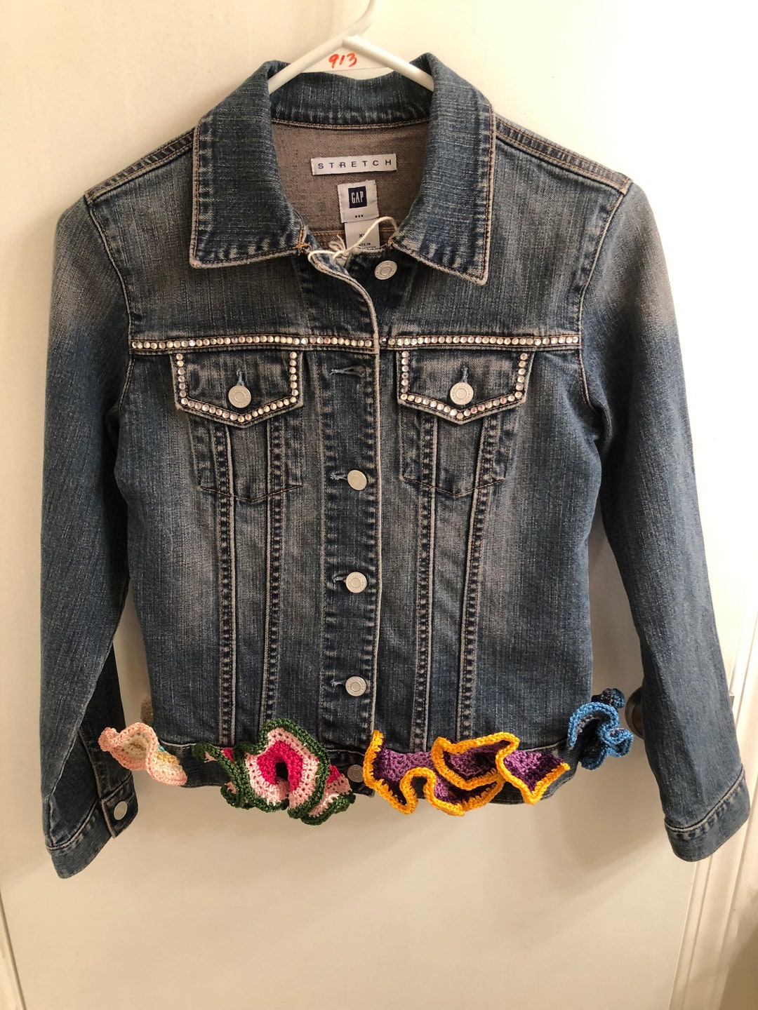 GAP Glass Rhinestone With Crocheted Ruffles Embellished Denim Jacket - Etsy