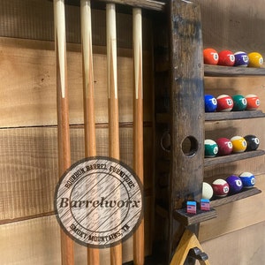 Pool Cue Rack From Reclaimed Bourbon Barrels | Rustic Billiard Stick ...