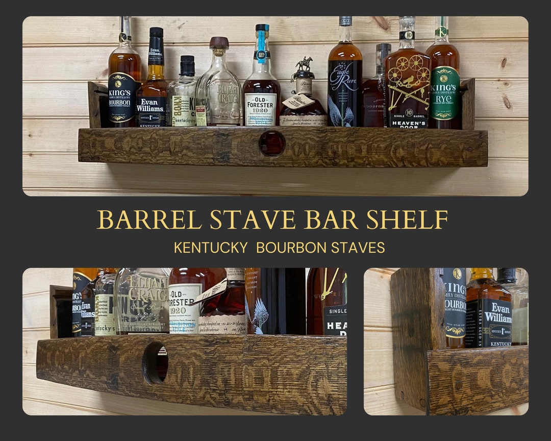 Oak Wall Mounted Bourbon Stave Bar Shelf Home Bar Cabinet, Man Cave ...