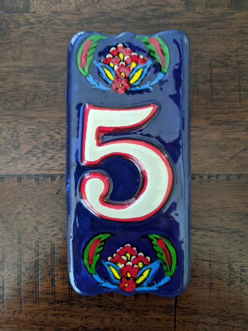 House or Building Numbers Handmade Hand Painted Ceramic Tile Flower ...