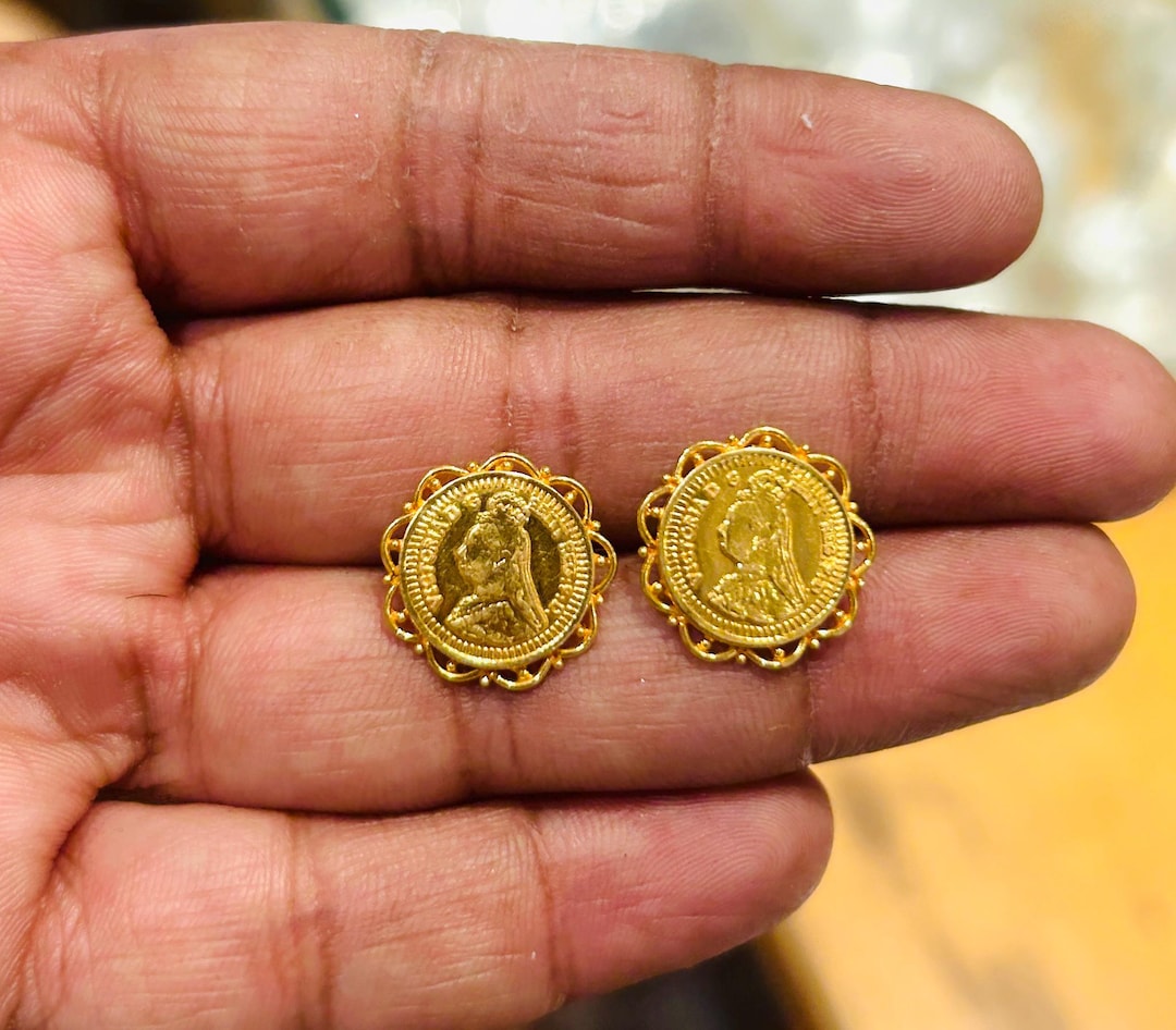 22K Gold Coin Stud Earrings: Indian Ginni Style, 16mm - Etsy