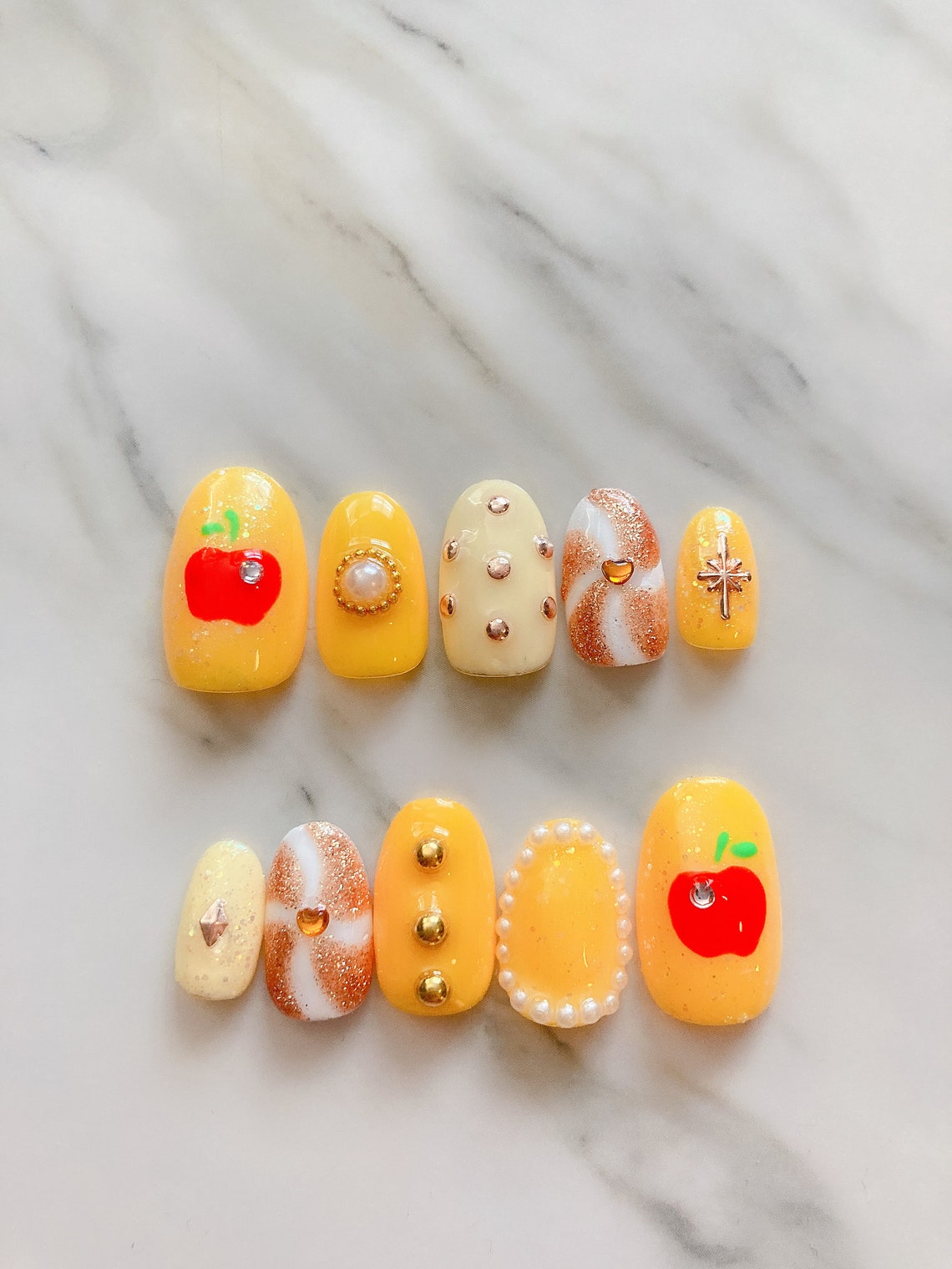 Super Cute YELLOW APPLE Hand Painted Reuseable Nail L Press on | Etsy