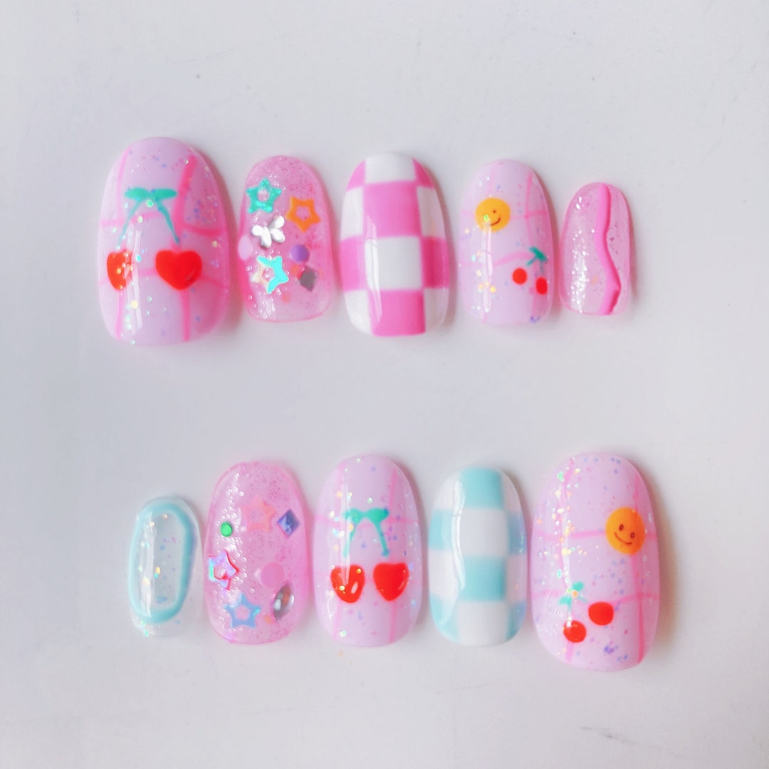 Pink Cherry Check Hand Painted Mix Reusable Nail L Press on - Etsy
