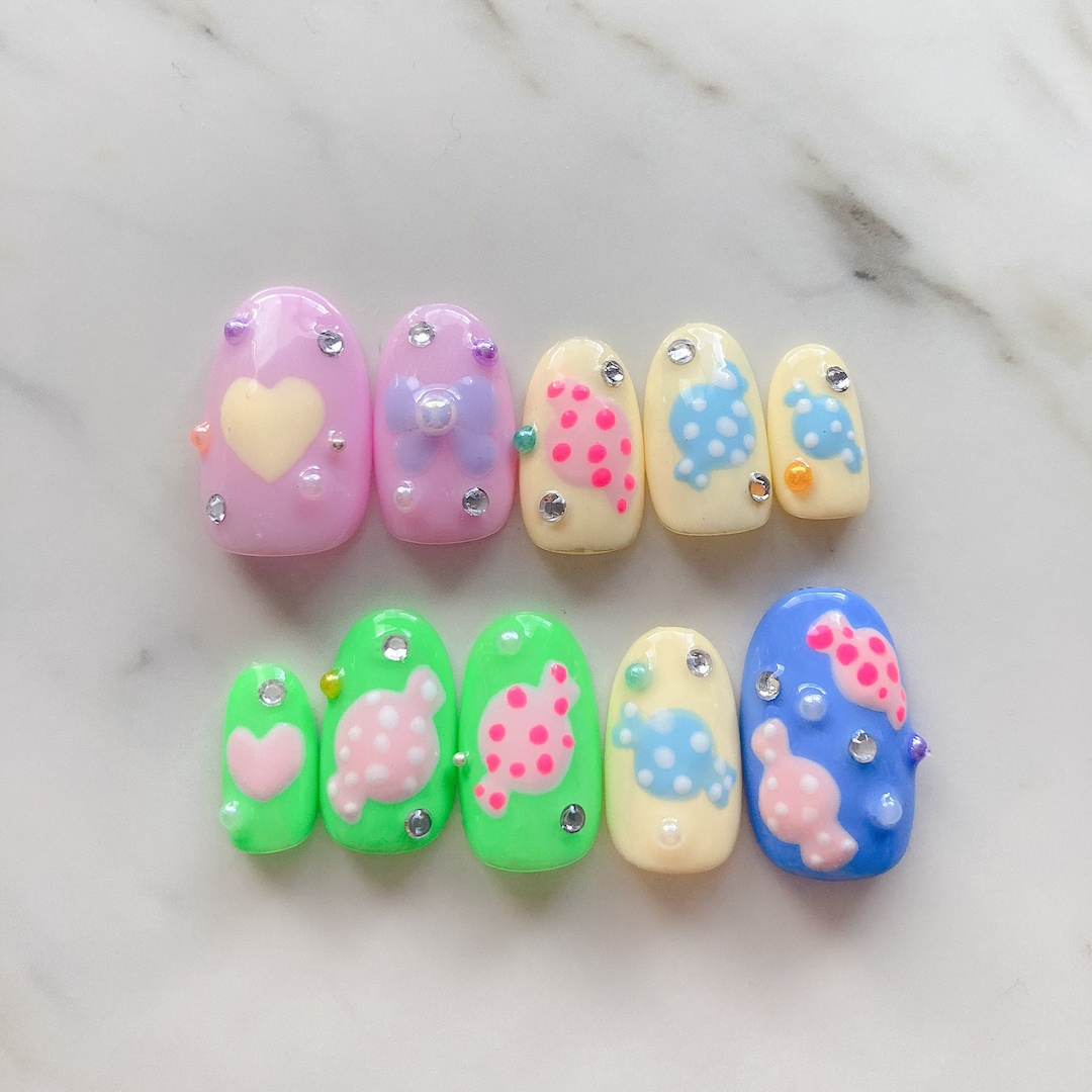 Cute Sweet Candy Hand Painted Mix Reusable Nail L Press on Nails I Fake ...